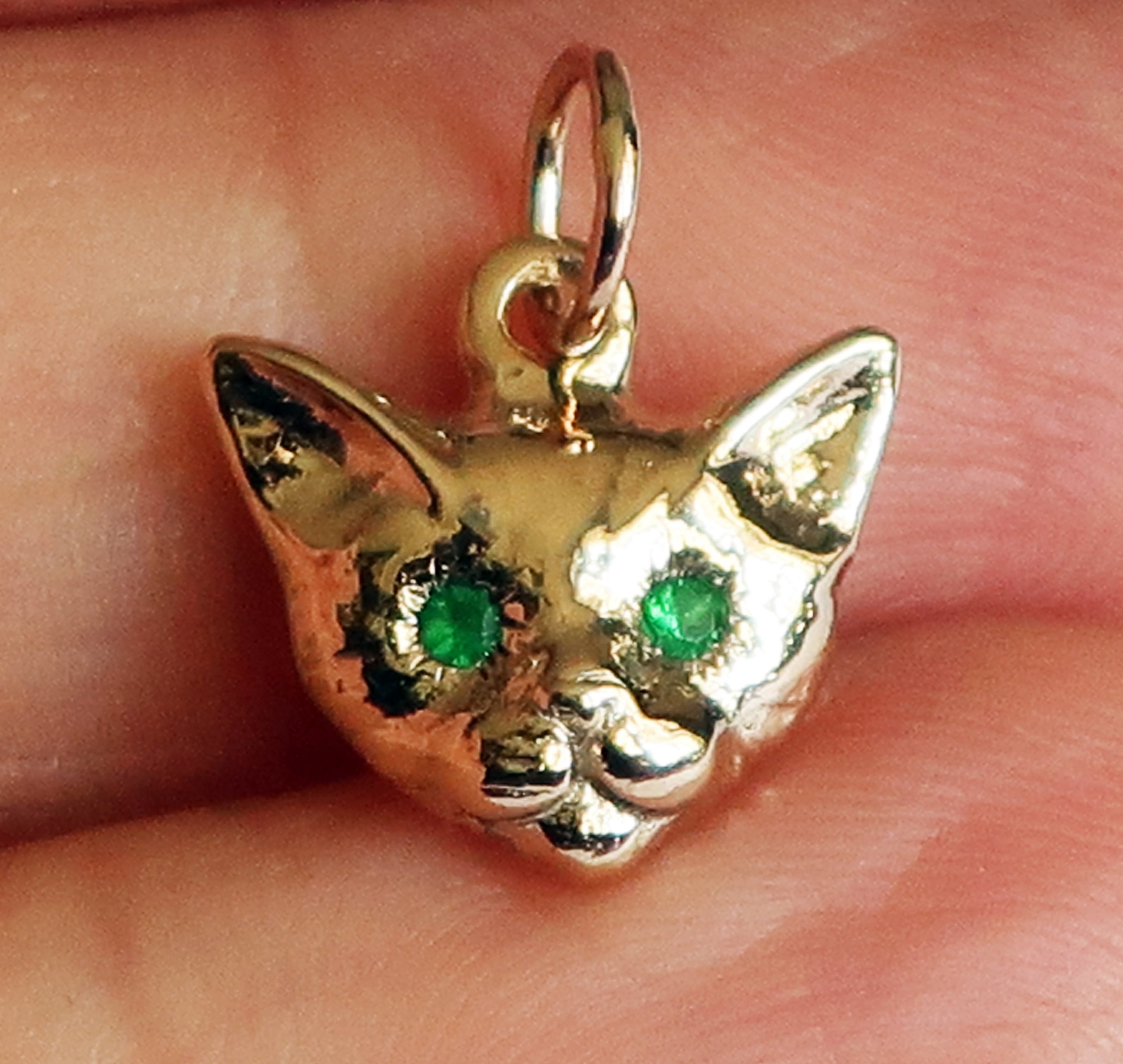 Yellow Gold Kitty Cat Charm with Green Emerald Eyes, charm only-Ready ...