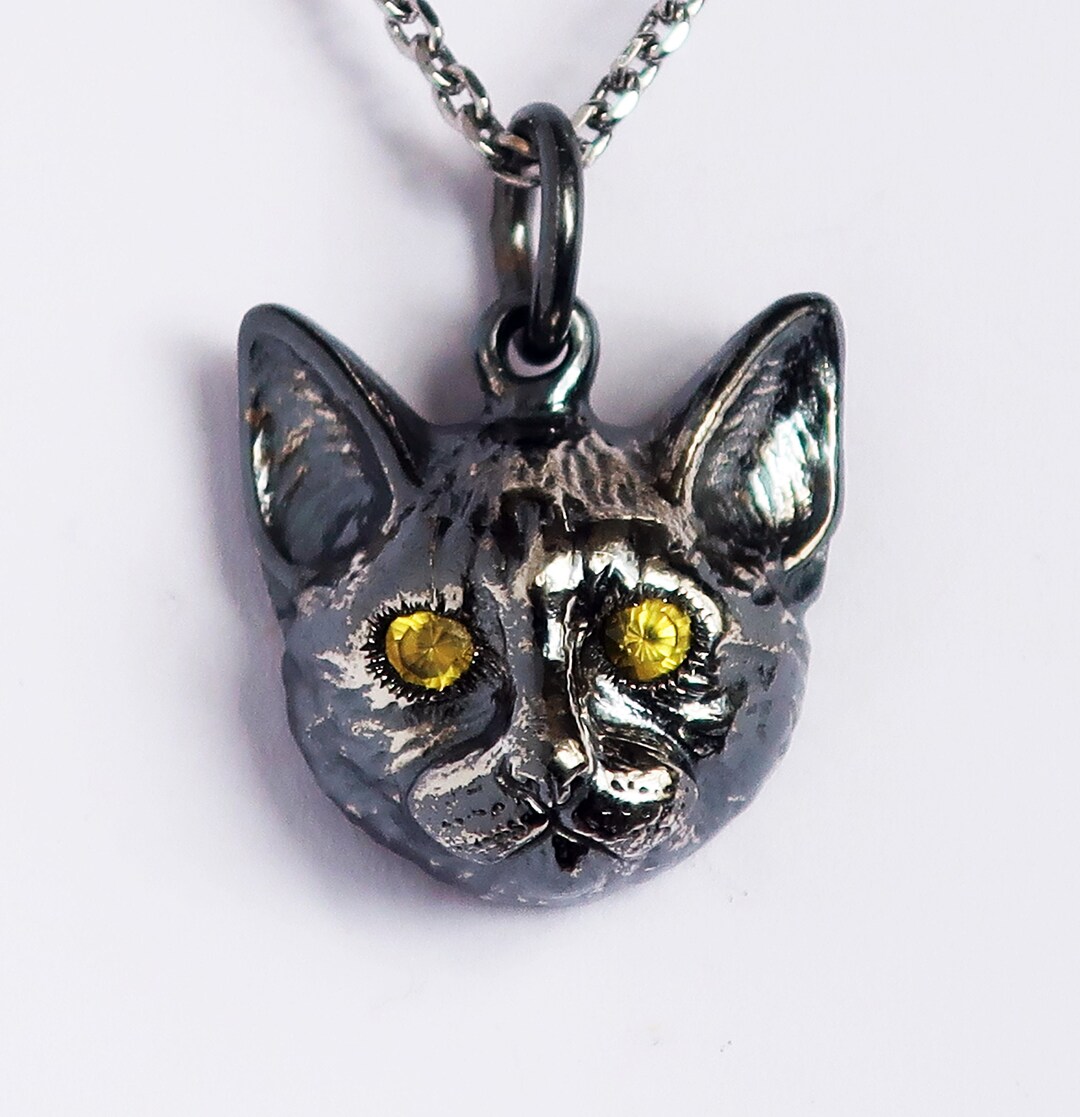 New_medium Size Blackened Sterling Silver Cat Charm With Yellow ...