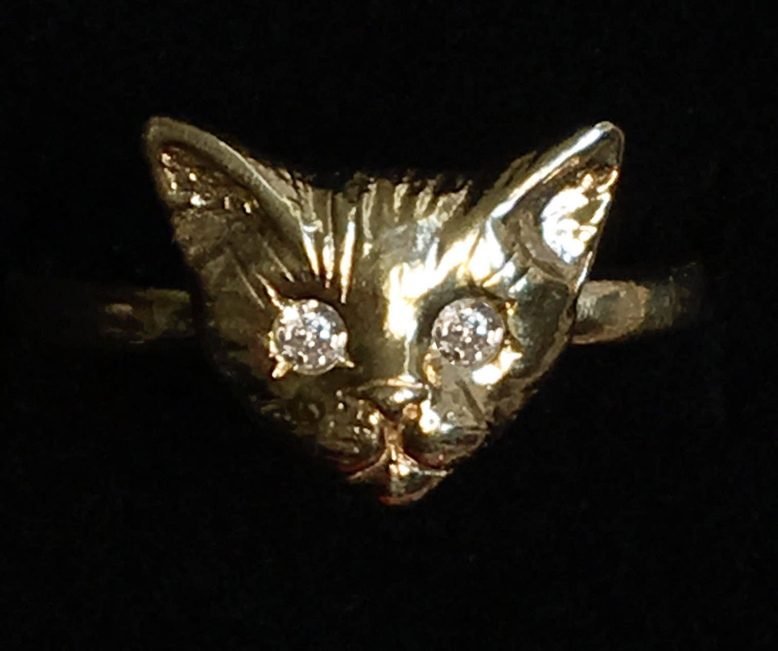 10k Yellow Gold Kitty Cat Ring With White Diamond Eyes - Etsy