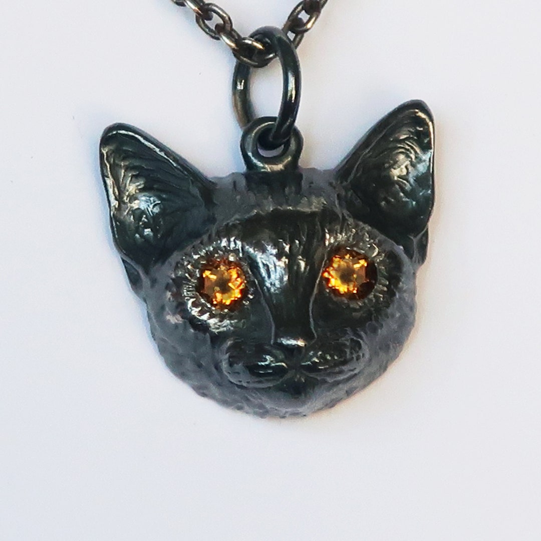 Large Size Blackened Sterling Silver Cat Charm With Golden Citrine Eyes ...