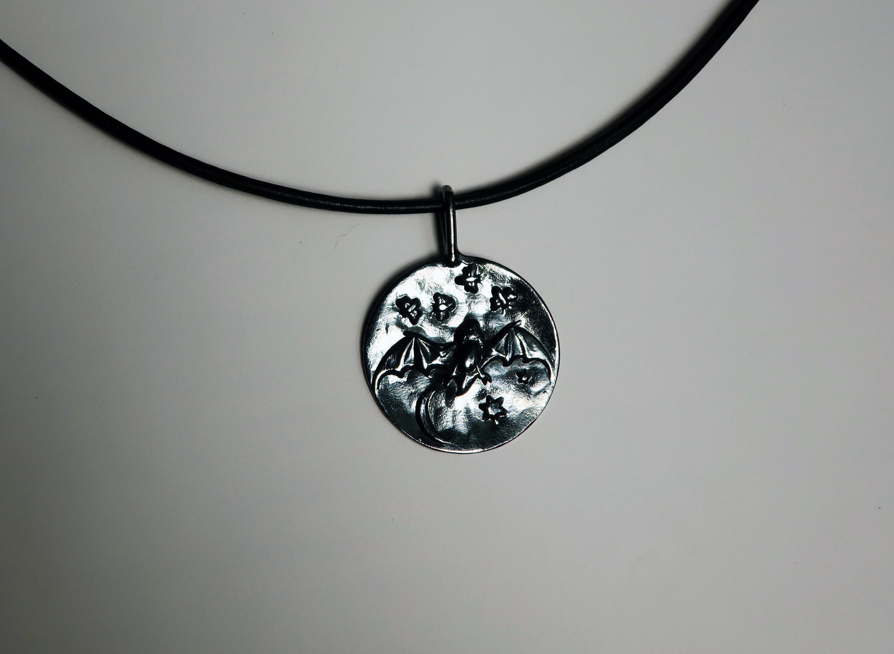 Blackened Sterling Silver Bat Medallion on Leather Cord