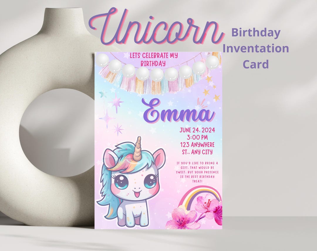 Unicorn Girl Birthday Invention Card, Unicorn Birthday Card, Instant ...