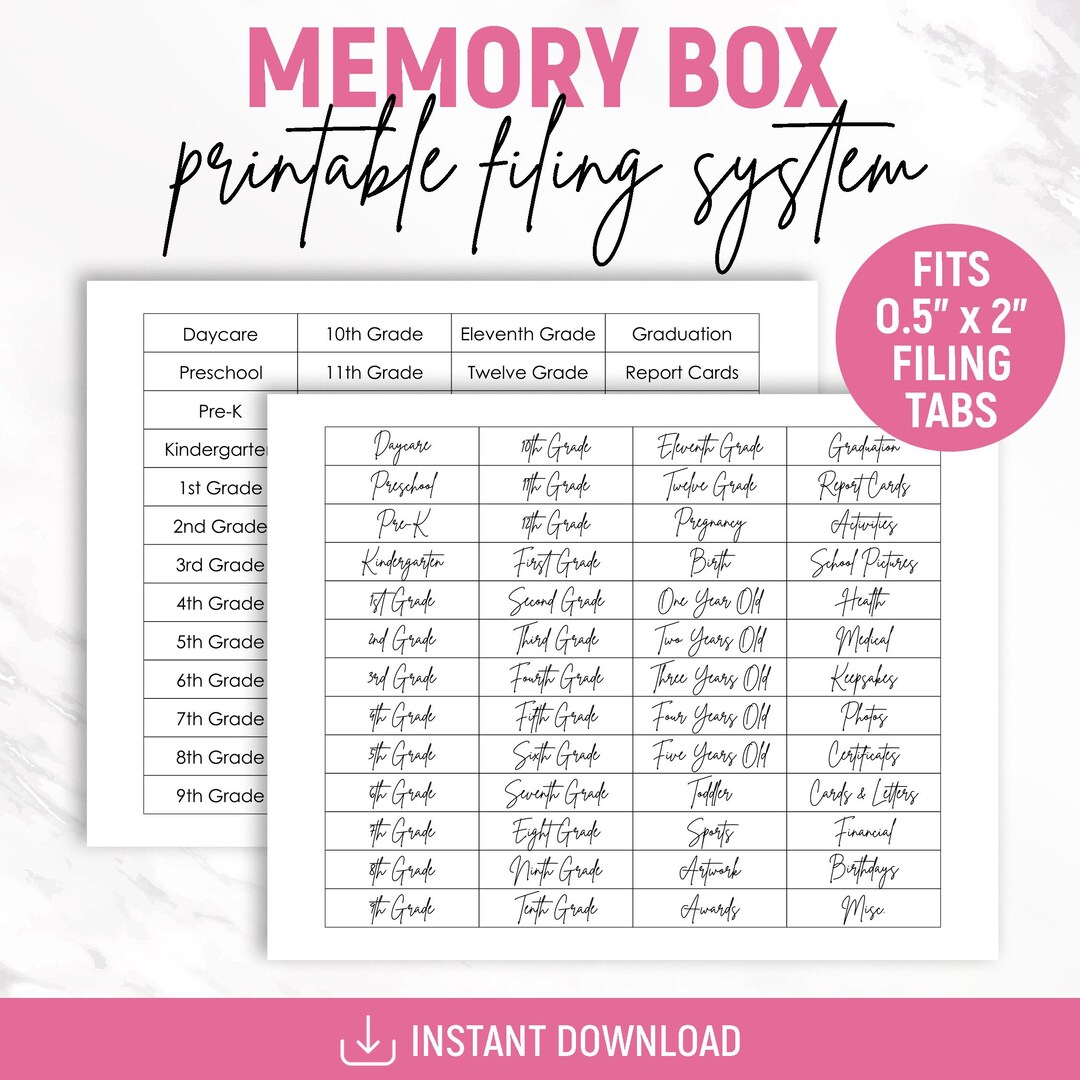 Printable Memory Box Filing System, Keepsake Box, Milestone Tote Labels ...