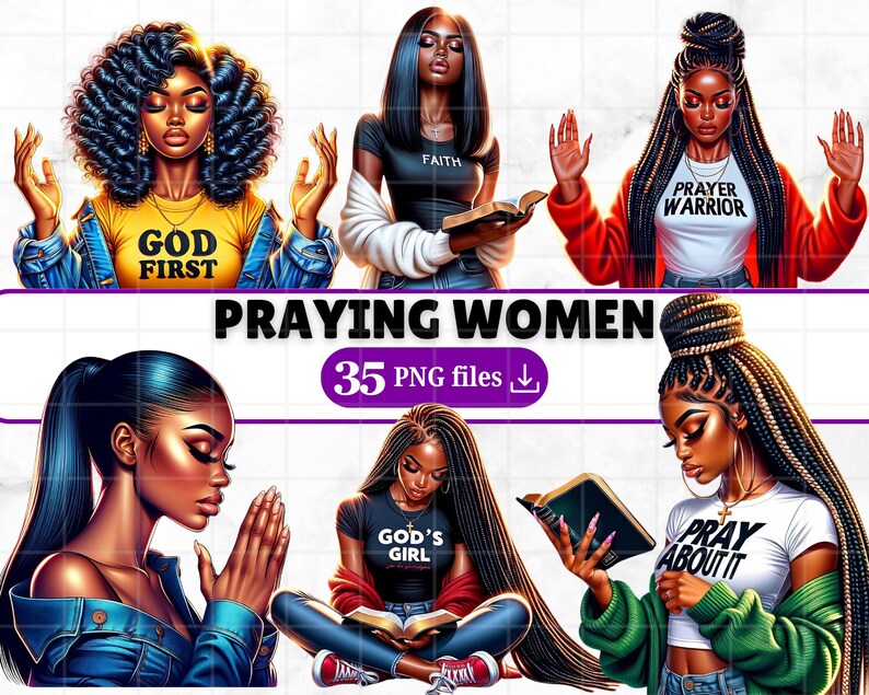 35 Black Praying Women Clipart Bundle Planner Girls With Faith Png Blessed Girl Christian Clip ...