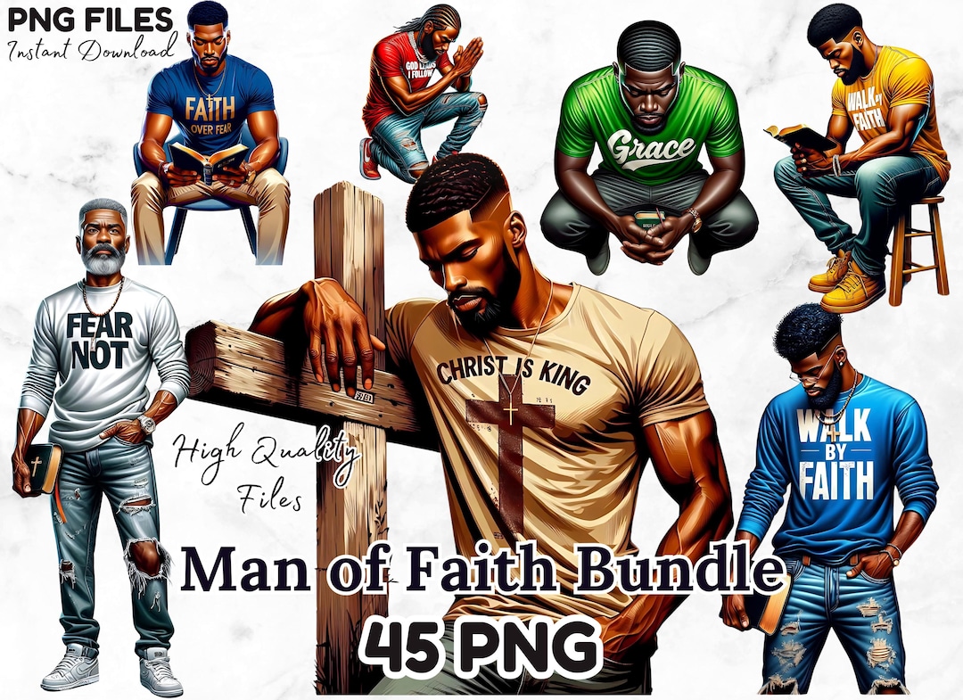 Black Men of Faith Clipart Bundle 45 PNG Christian Worship Digital ...