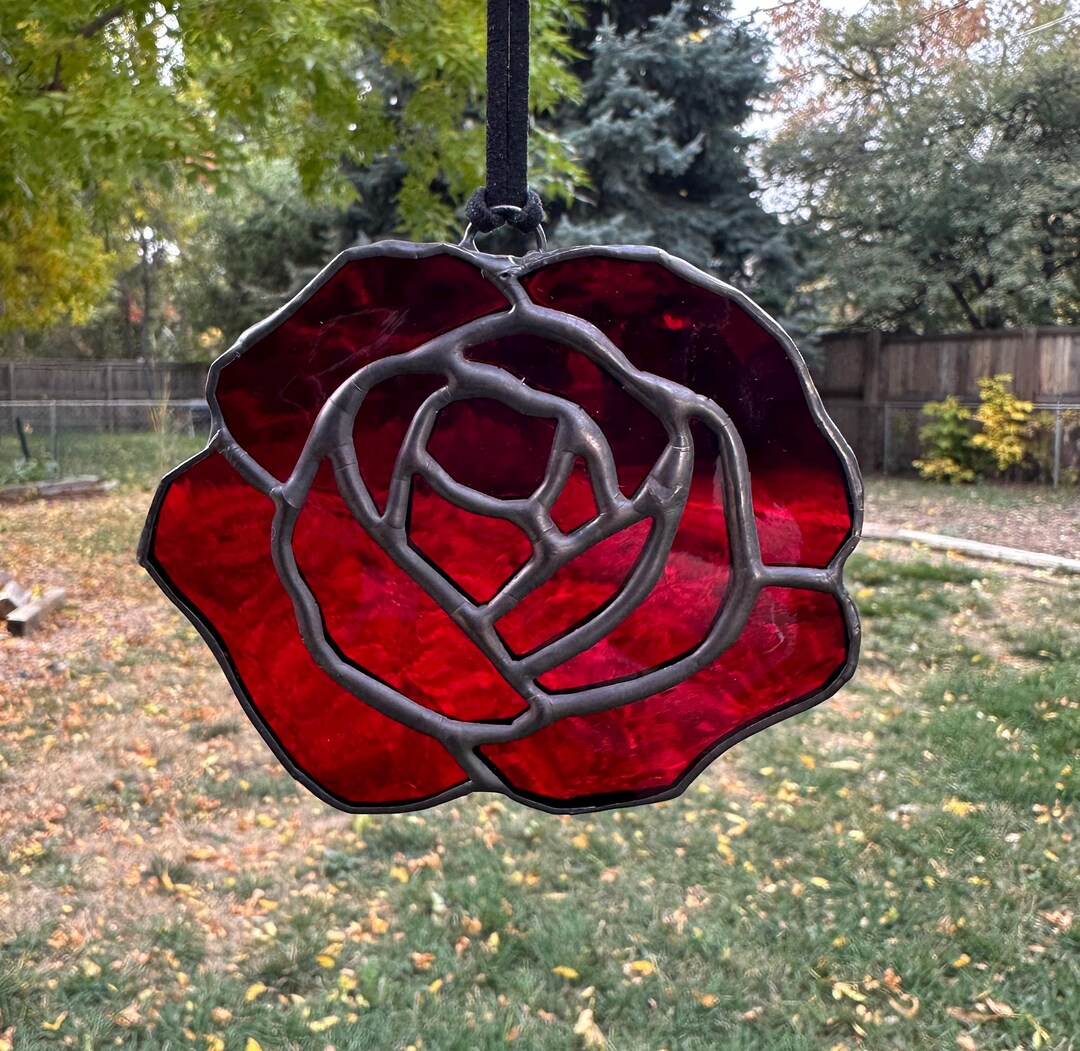 Stained Glass Rose Suncatcher: Handmade Floral Window Hanging - Etsy