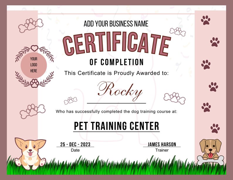 Printable Dog Training Certificate, Editable Canva Template, Pet Course ...
