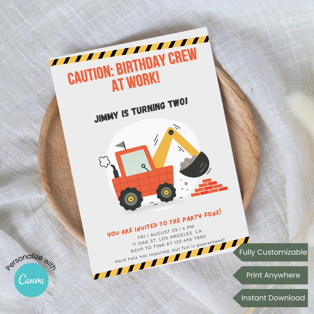 Excavator Birthday Invitation, Kid Birthday, Construction, Vehicle ...