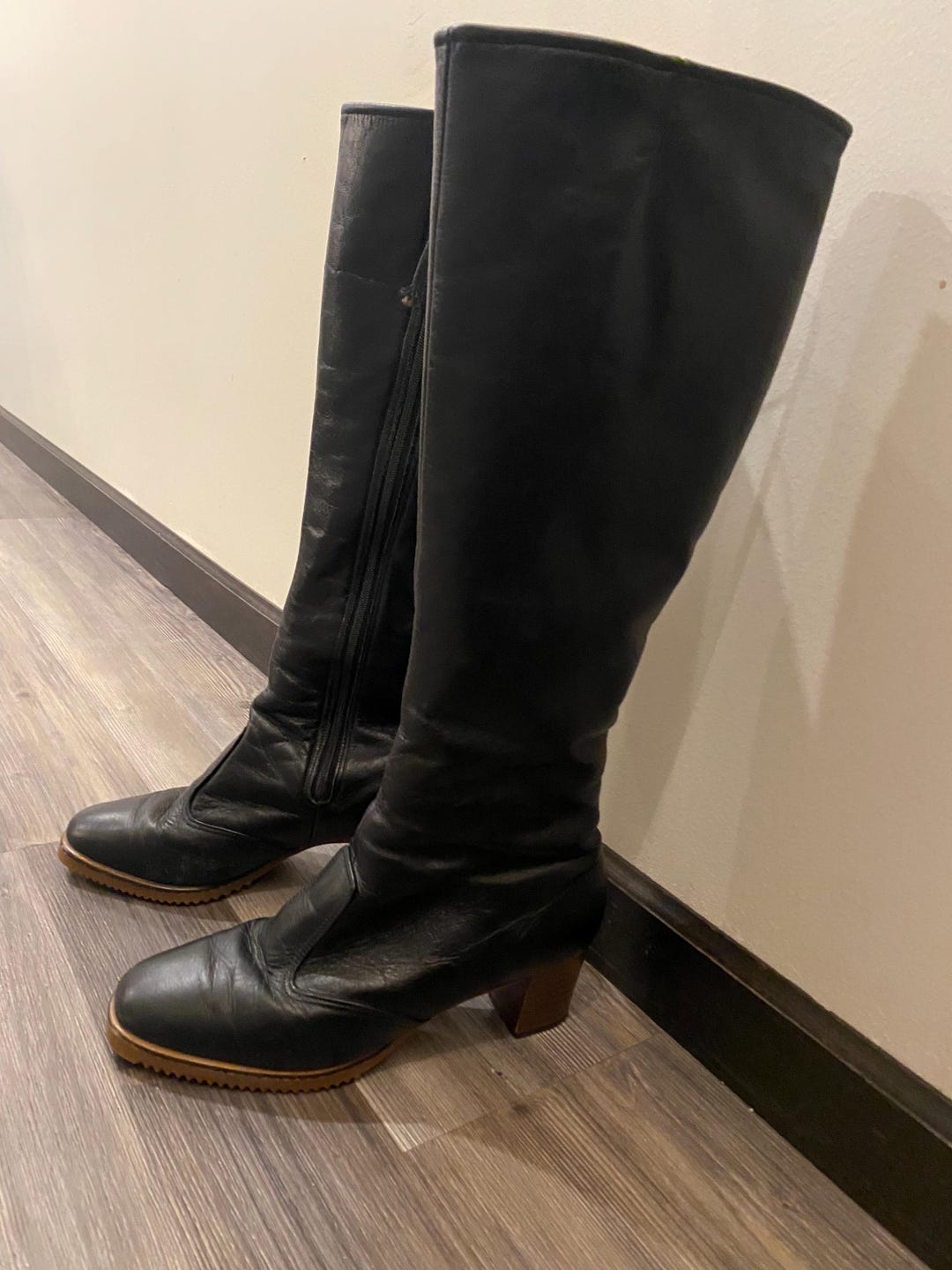 Vintage Cobbies Black Leather Knee High Boots. Size 7.5. Shiny Genuine ...