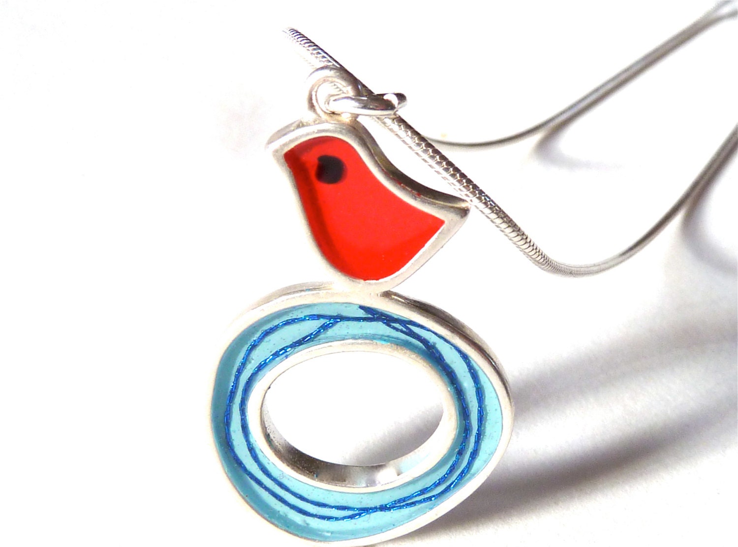 Red Bird Blue Nest Necklace Silver Resin - Etsy