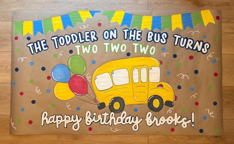 Hand Painted Bus Birthday Banner | Toddler Turns Two Decorations - Etsy