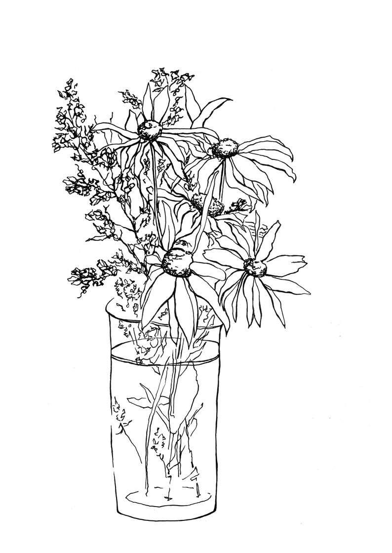 Black & White Drawing - Flower Bouquet Art Print - Printable Botanical ...