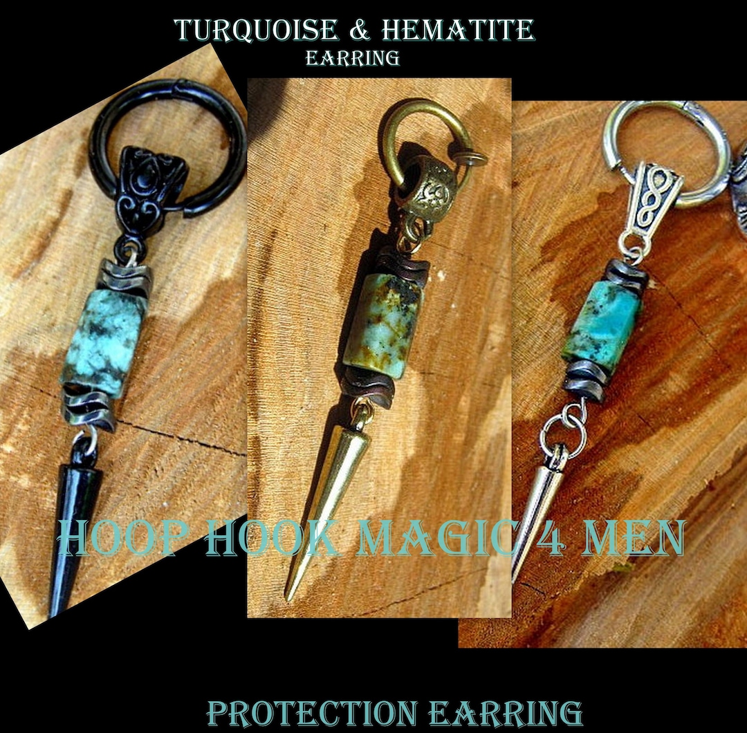 Men Earring African Turquoise & Hematite Stone, Dangle Hoop/ Clip on ...