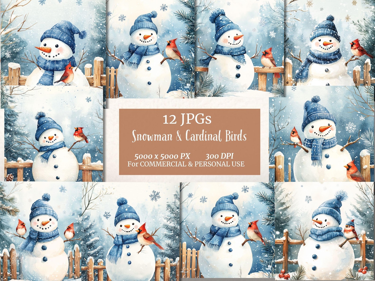 Snowman With Cardinal Birds Clipart Bundle- 12 High Quality Watercolor ...