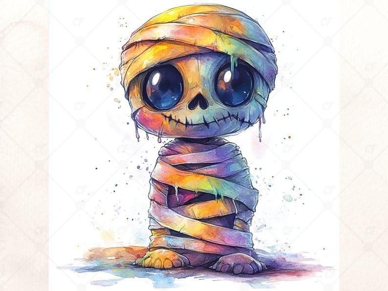 8 JPG Watercolor Halloween Mummy Clipart, Cute Creepy Halloween ...
