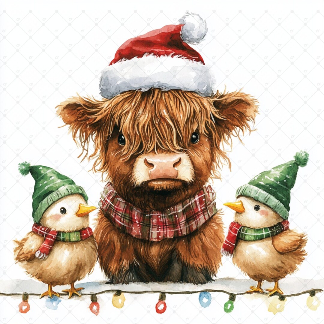12 Jpegs Highland Cow With Chickens Christmas Clipart,farm Clipart ...