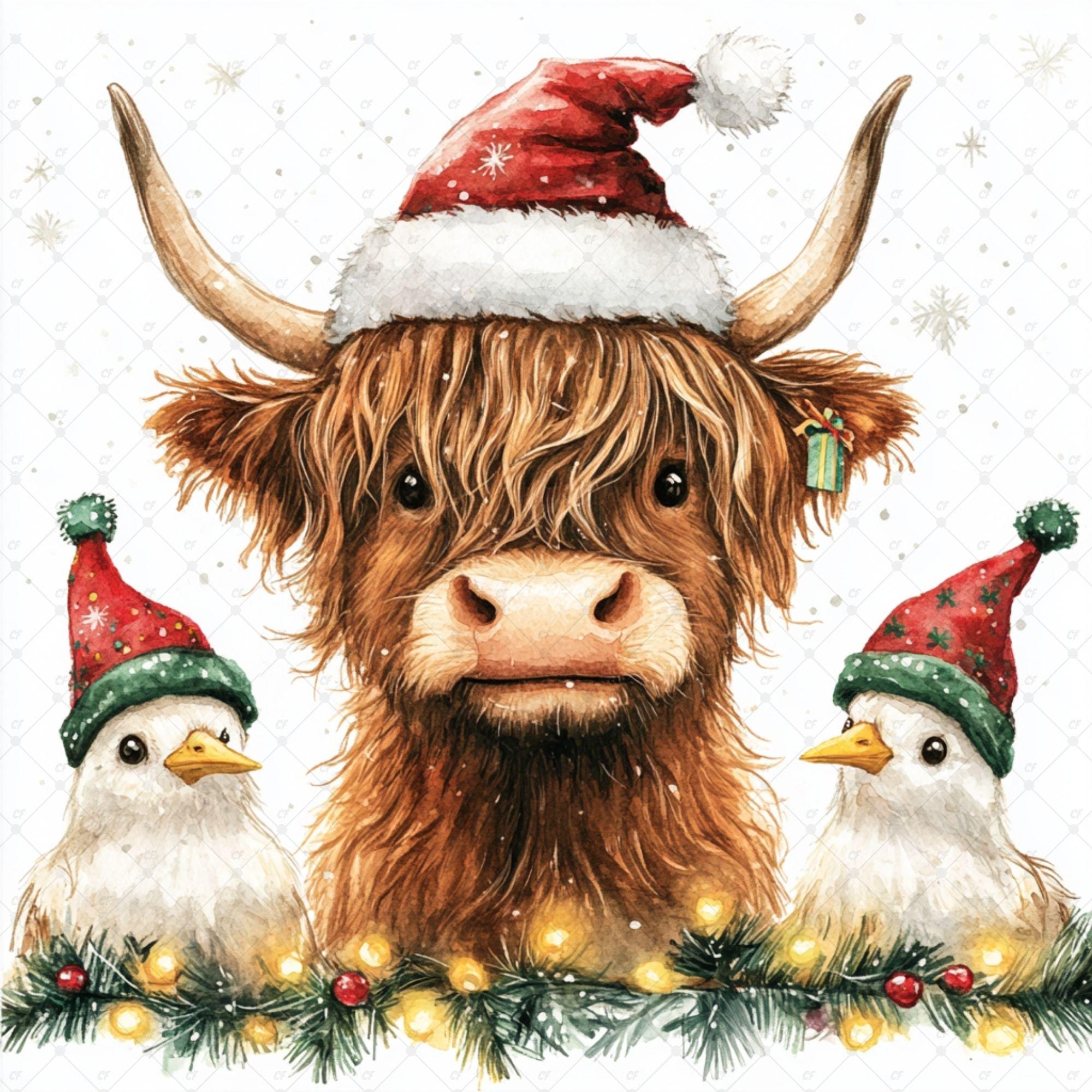 12 Jpegs Highland Cow With Chickens Christmas Clipart,farm Clipart ...