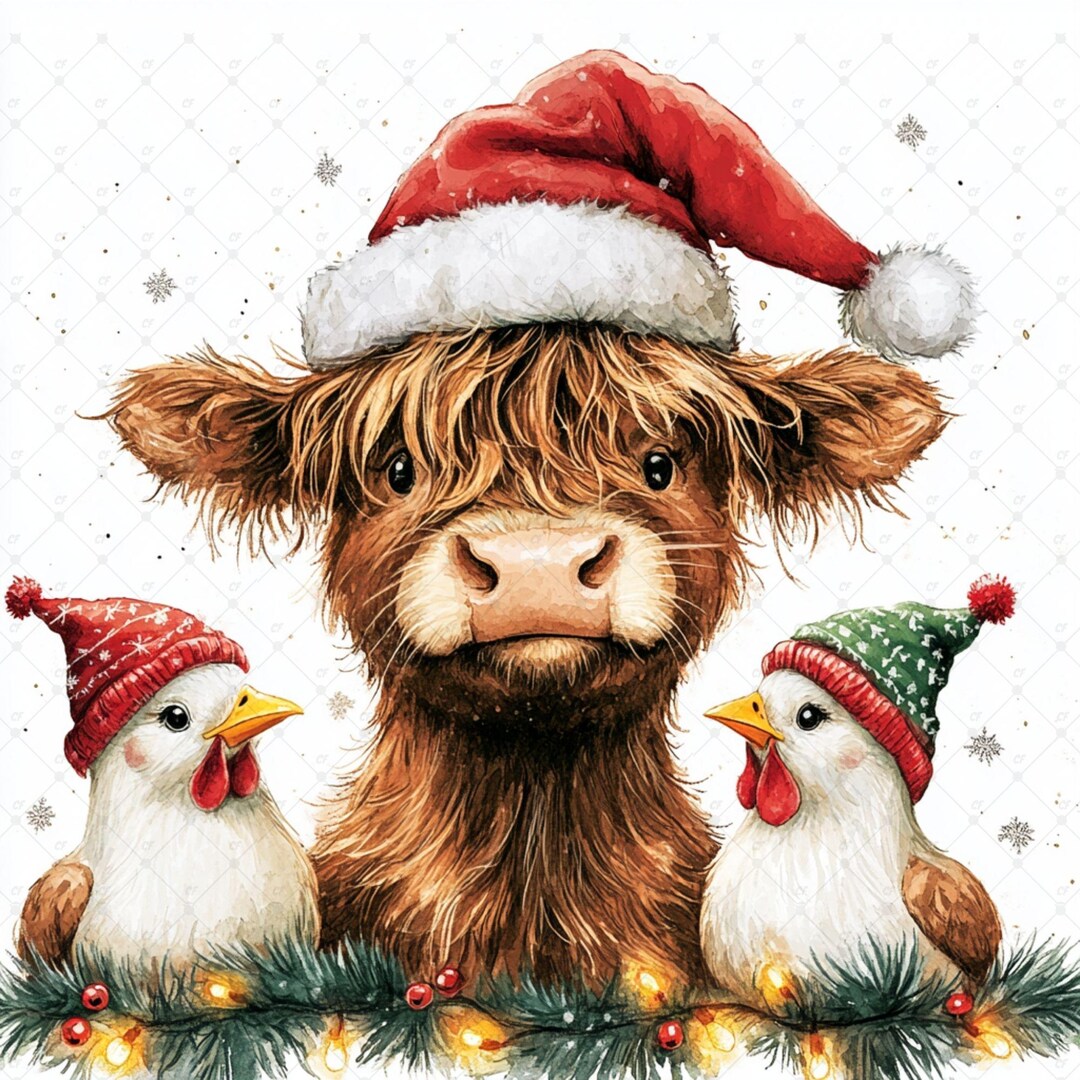 Highland Cow With Chickens Christmas Clipart,farm Clipart, High Quality ...