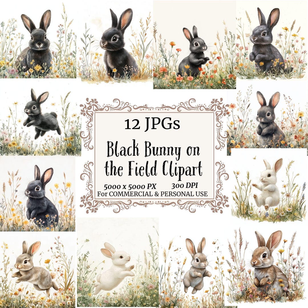 Cute Black Easter Bunny Clipart Spring Clipart Watercolor Flowers Jpg ...