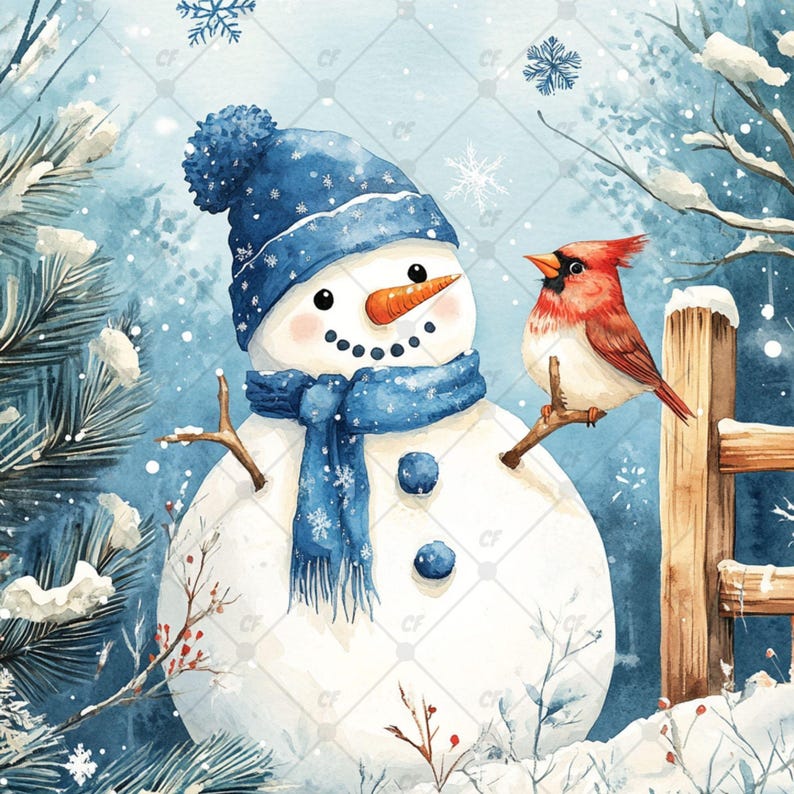 Snowman With Cardinal Birds Clipart Bundle- 12 High Quality Watercolor ...
