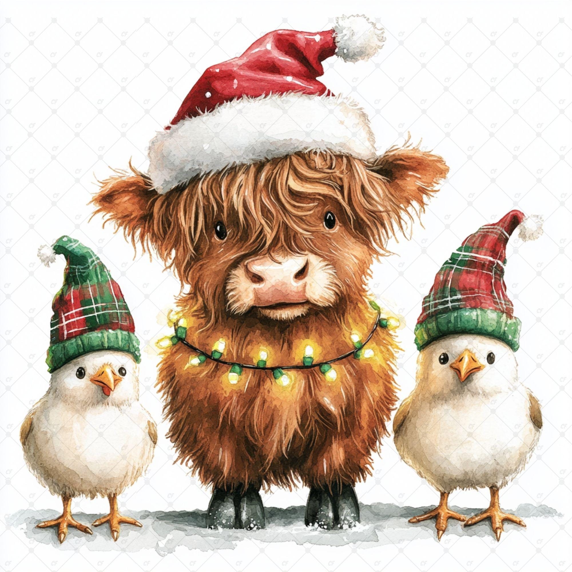 12 Jpegs Highland Cow With Chickens Christmas Clipart,farm Clipart ...