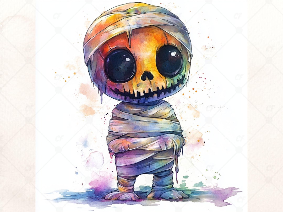 8 JPG Watercolor Halloween Mummy Clipart, Cute Creepy Halloween ...
