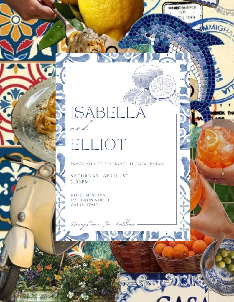 Amalfi Coast Inspired Blue Tile Wedding Invitation | Classic Lemon ...