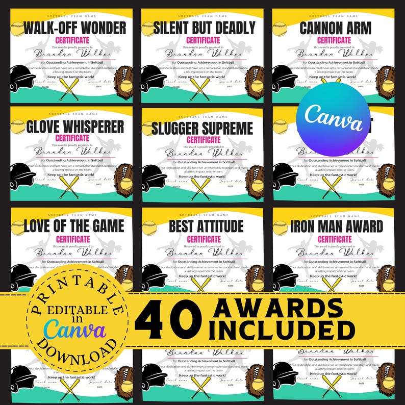 Funny Softball Awards,editable Softball Award, Softball Award, Softball ...