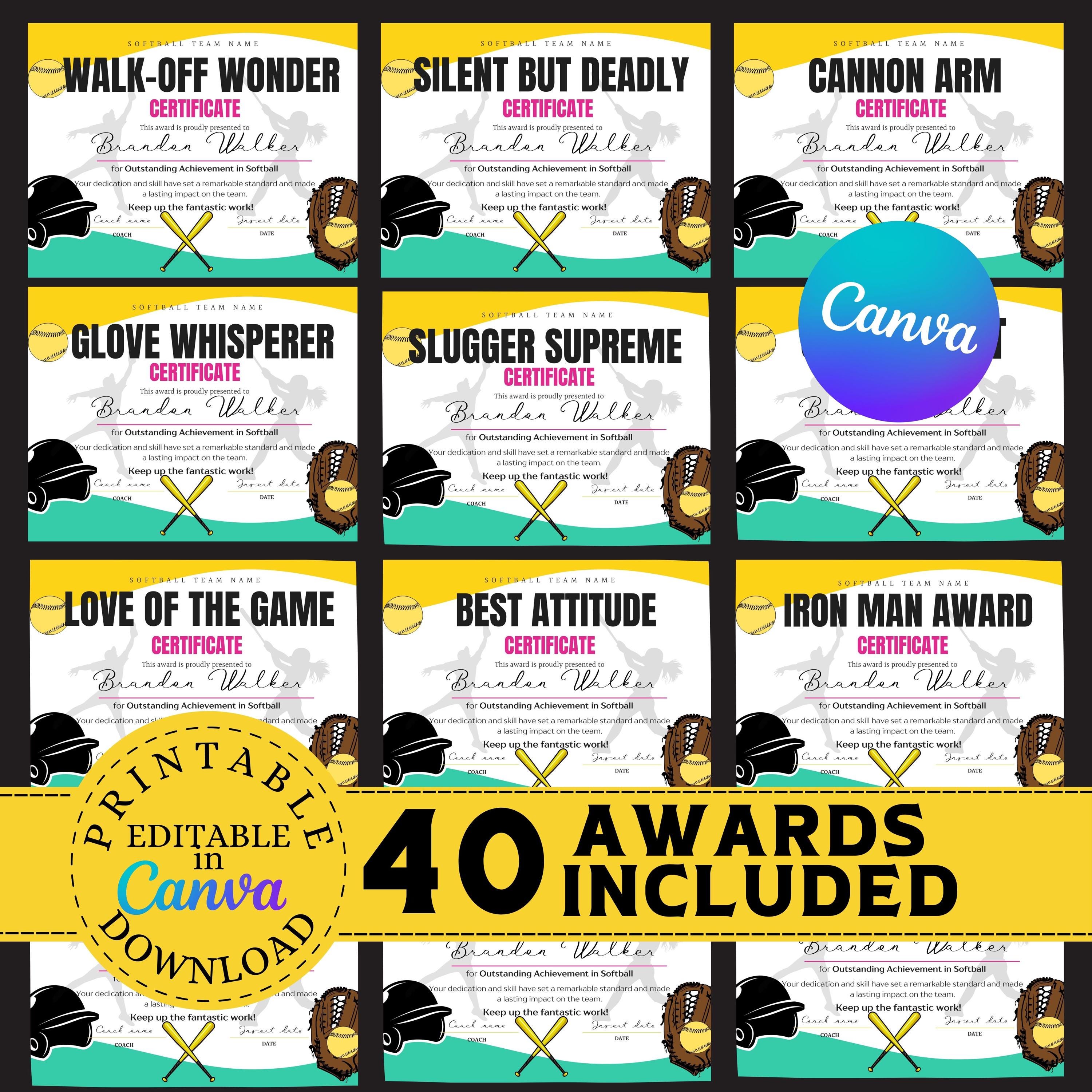 Funny Softball Awards,editable Softball Award, Softball Award, Softball ...