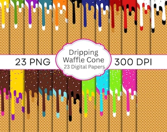 Ice Cream Waffle Cone Background, Waffle Cone Digital Paper, Dripping ...