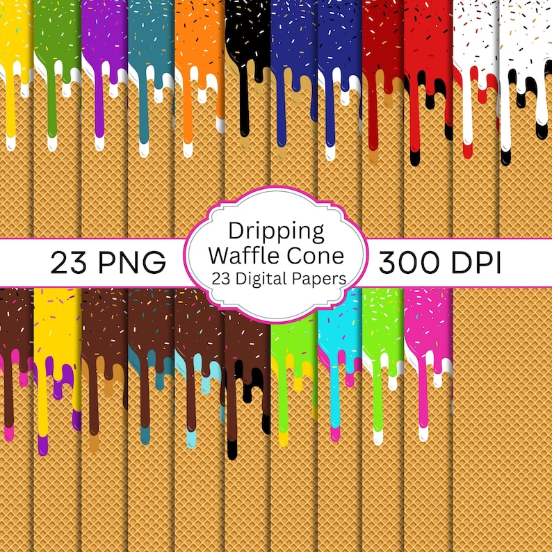 Ice Cream Waffle Cone Background, Waffle Cone Digital Paper, Dripping ...