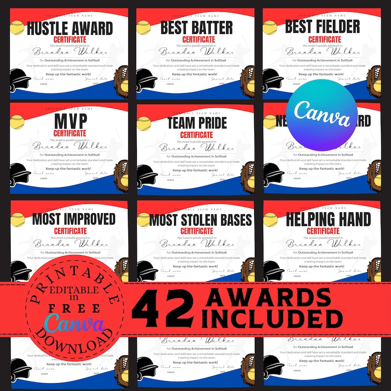Funny Softball Awards,editable Softball Award, Softball Award, Softball ...
