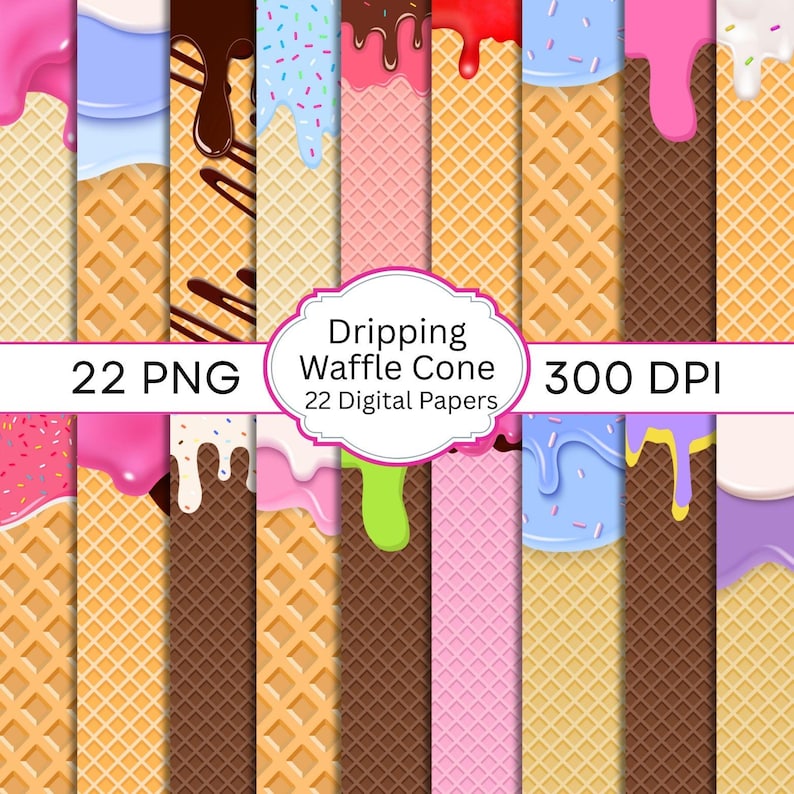 Ice Cream Waffle Cone Background, Waffle Cone Digital Paper, Dripping ...