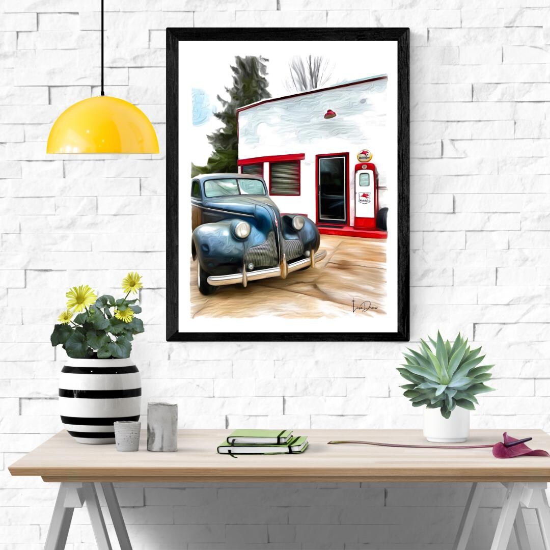 Vintage Gas Station Poster - Retro 1940s Car Artwork, Time Capsule Fill ...