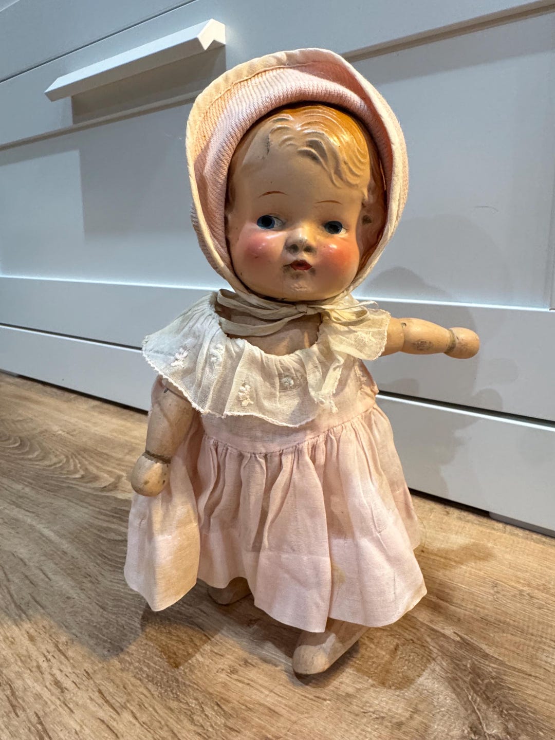 Antique Composition and Wood Jointed Doll With Pink Bonnet and Dress ...