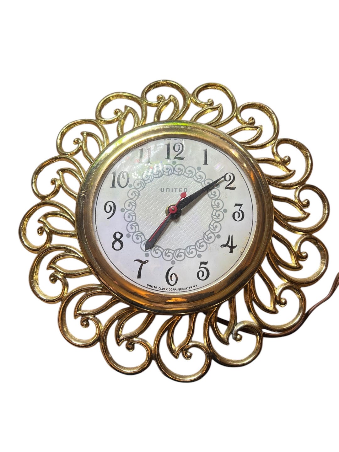 Vintage United Starburst Clock, Gold Tone Metal Wall Clock, MCM ...