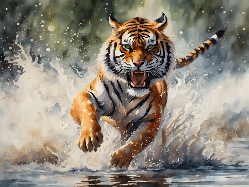 Tiger Running Across a River Which Could Watercolour Paint Art Vector ...