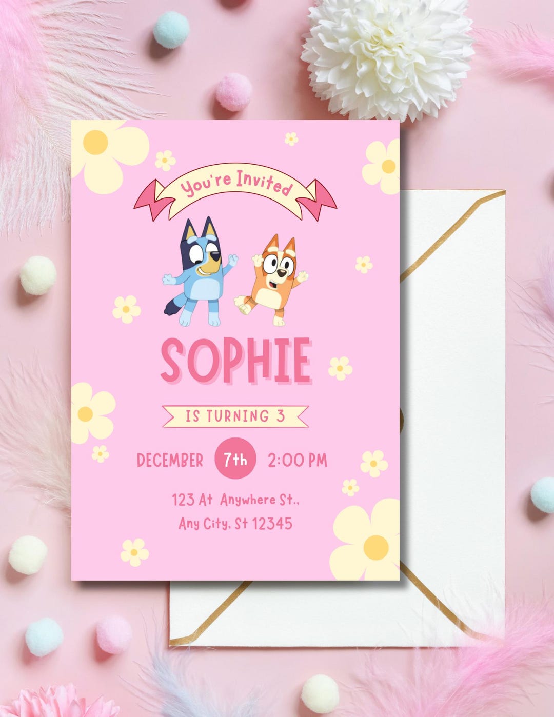 Bluey Pink Flower Invitation, Digital Invitation, Editable Template ...