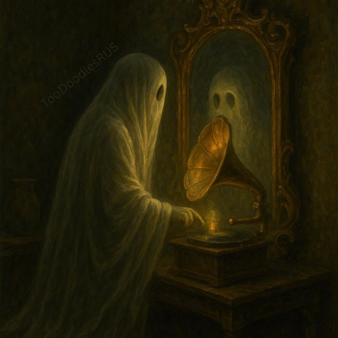 Hauntingly Elegant Ghost With Gramophone in Mirror – Gothic Digital Art ...