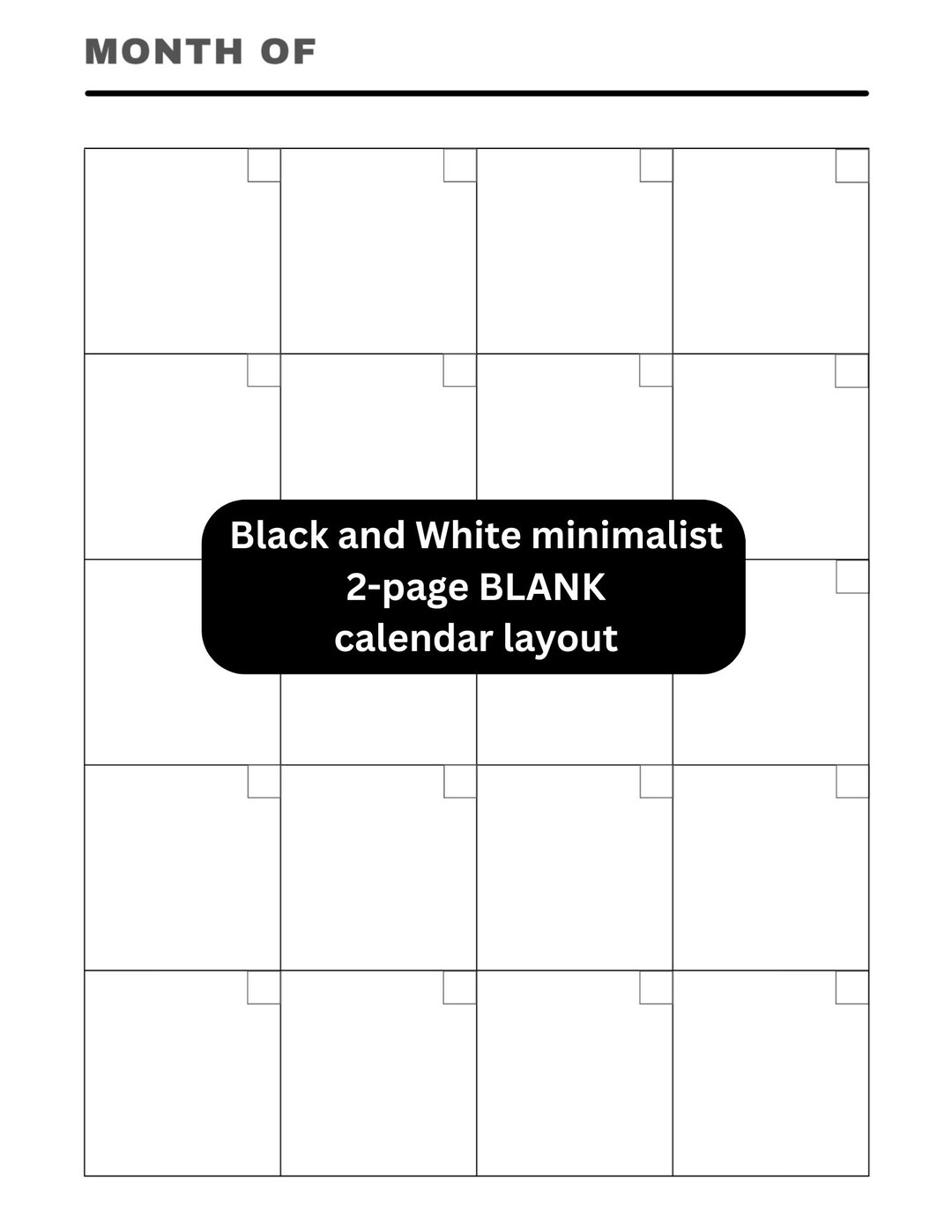 Black and White Minimalist 2-page BLANK Calendar Layout Printable - Etsy