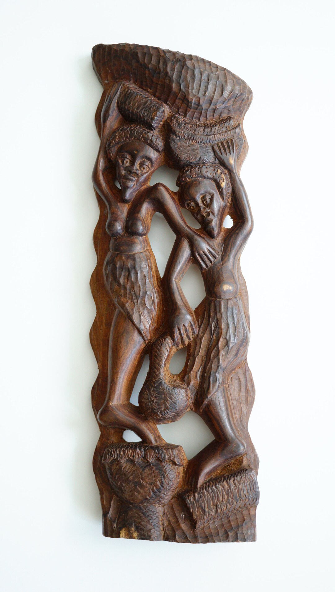 Vintage African Wood Statue of Two Women Carrying Goods, From the Bantu ...