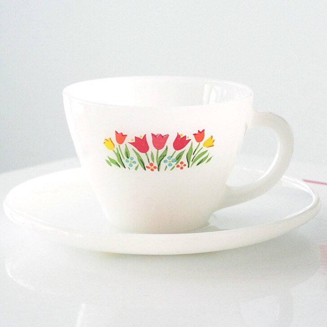 Anchor Hocking Fire King Tulip Milk Glass Cup and Saucer (excellent ...