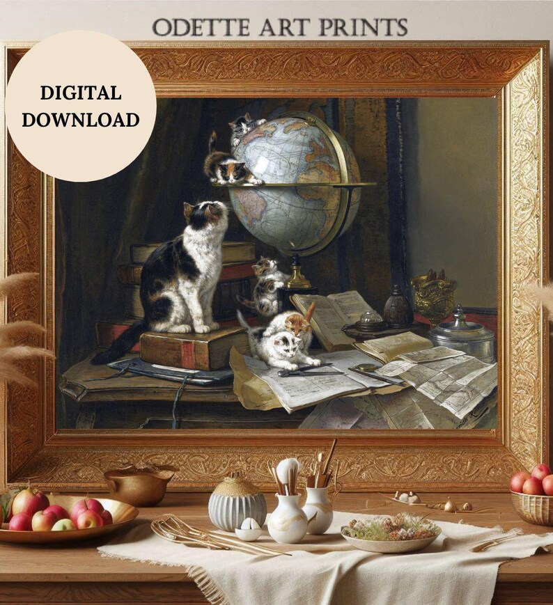 Kittens and Globe Oil Painting, Vintage Art Print (digital Download) - Etsy