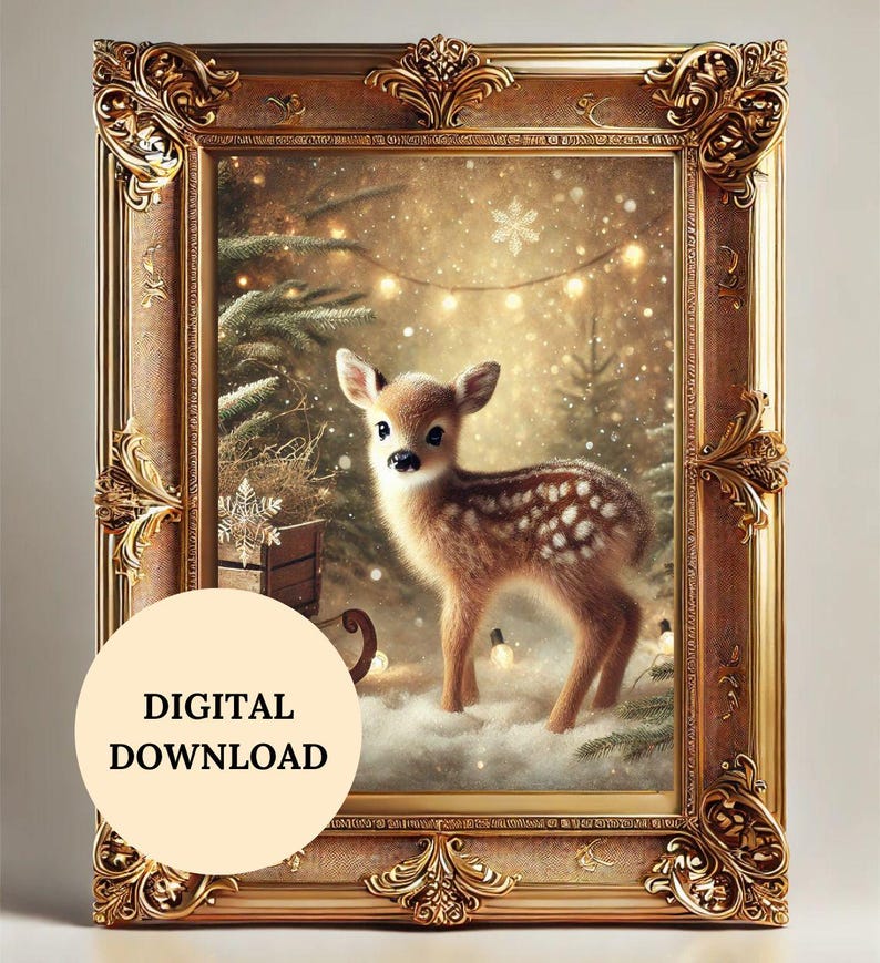 Christmas Painting, Sweet Christmas Fawn Standing in a Snowy Forest ...