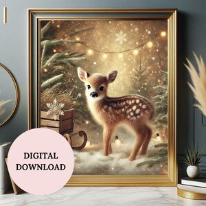Christmas Painting, Sweet Christmas Fawn Standing in a Snowy Forest ...