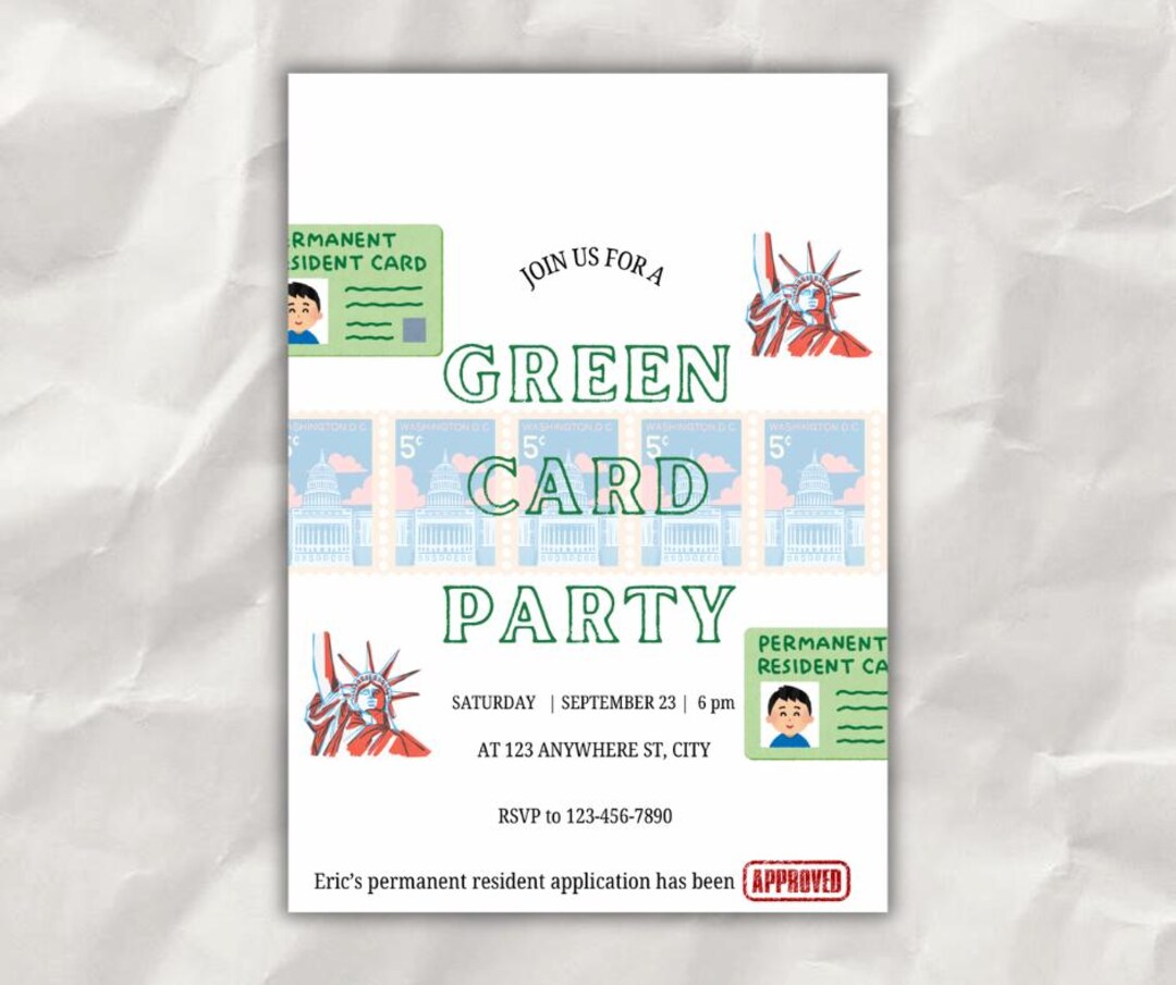 Green Card Party Invitation Template, Customizable US Permanent ...