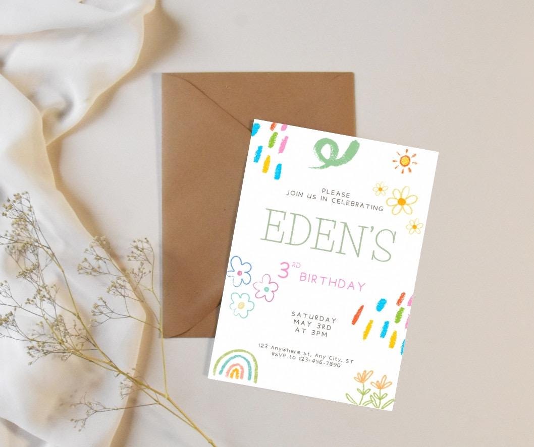 Editable Kids Birthday Party Invitation Template, Colorful Doodle Party ...