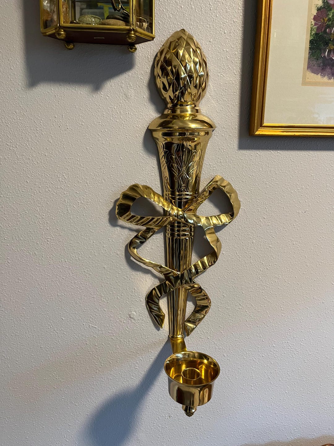 Vintage Solid Lacquered Brass Torch and Ribbon Candle Sconce, Wall ...