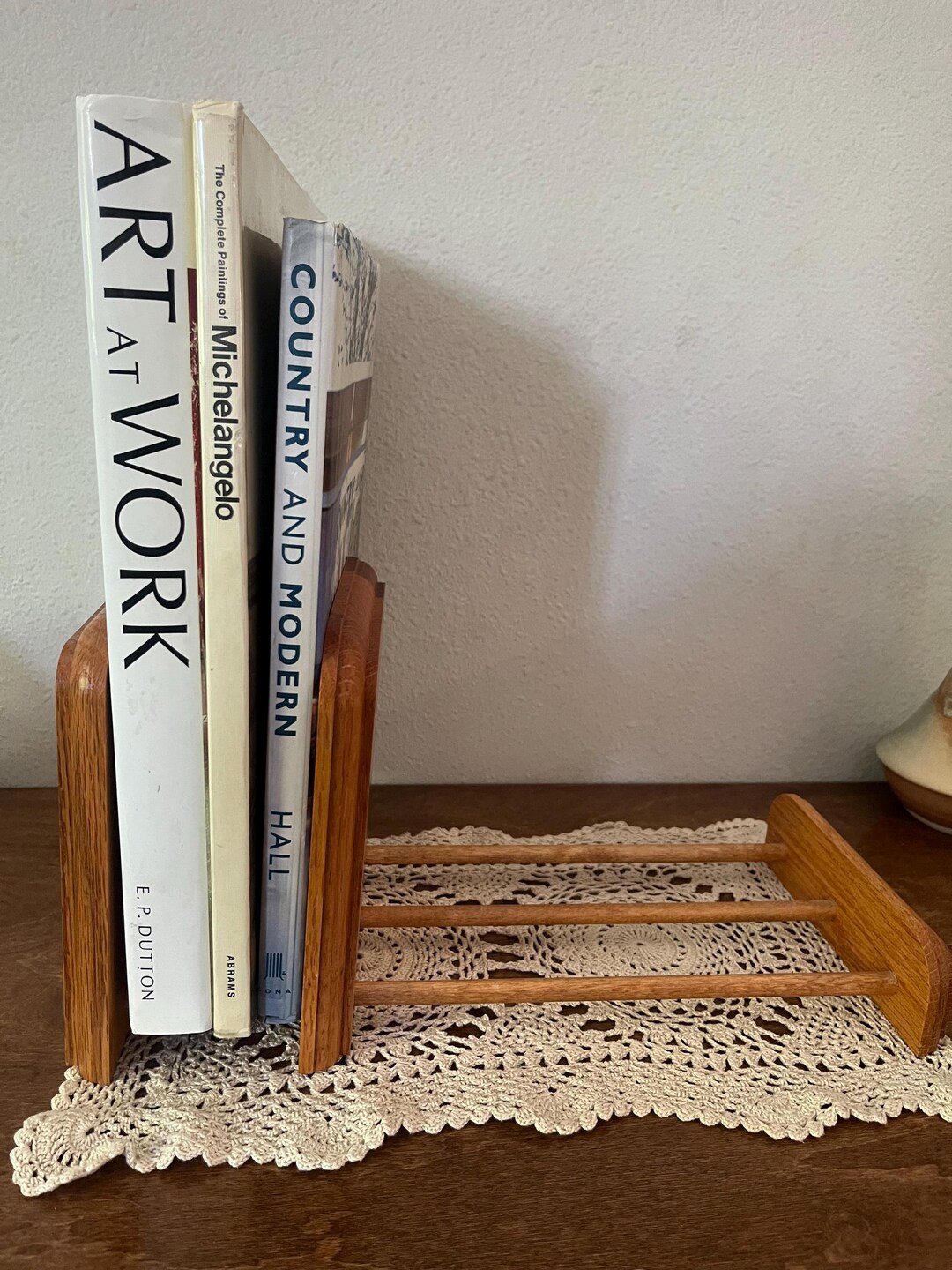 Vintage Wood Book Stand: Adjustable Slider Bookend, Vermillion Wood ...