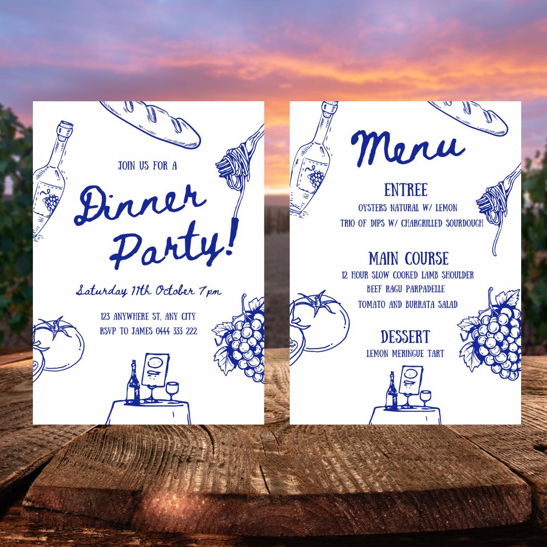 Dinner Party Invitation Menu Template - Editable Illustrated Invitation ...